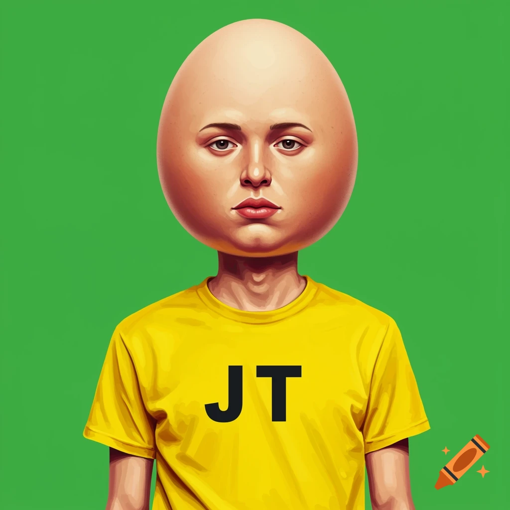 Person with an egg-shaped head wearing a JT shirt on Craiyon