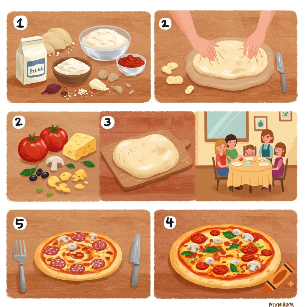 Illustrated steps showing how to make pizza, including ingredients ...