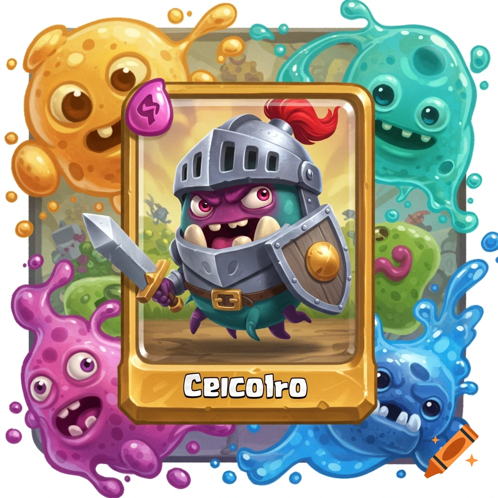 Cartoon game card with monster knight surrounded by colorful blob ...