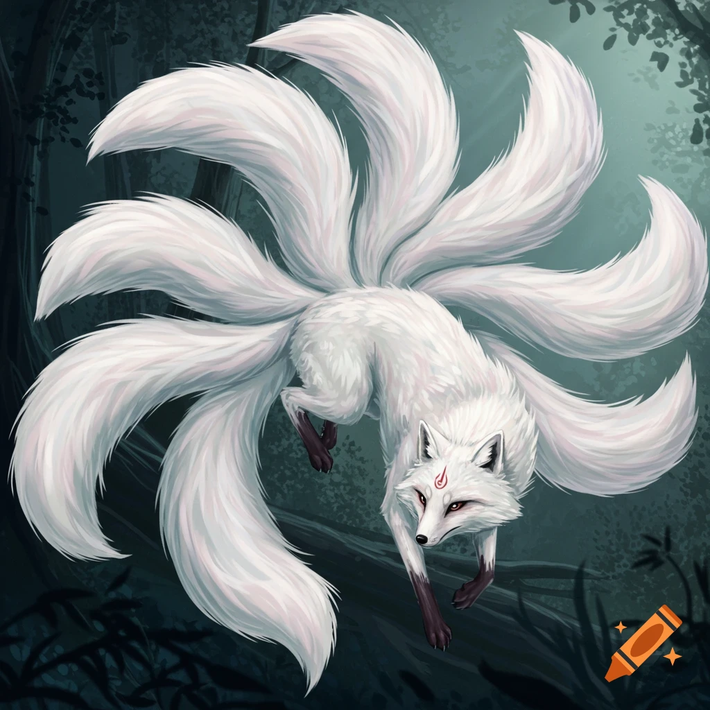 A white nine-tailed fox leaps through a dark forest. on Craiyon