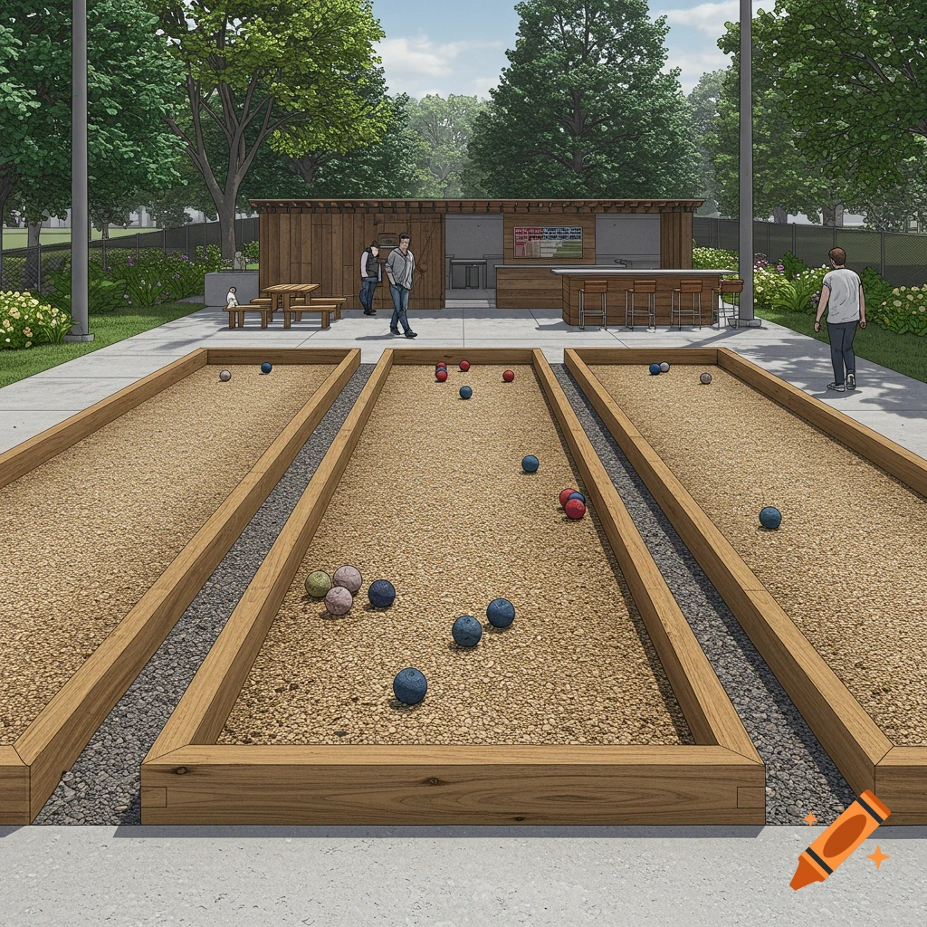 Bocce courts with wooden frames, crushed stone surface, patio, and bar on Craiyon