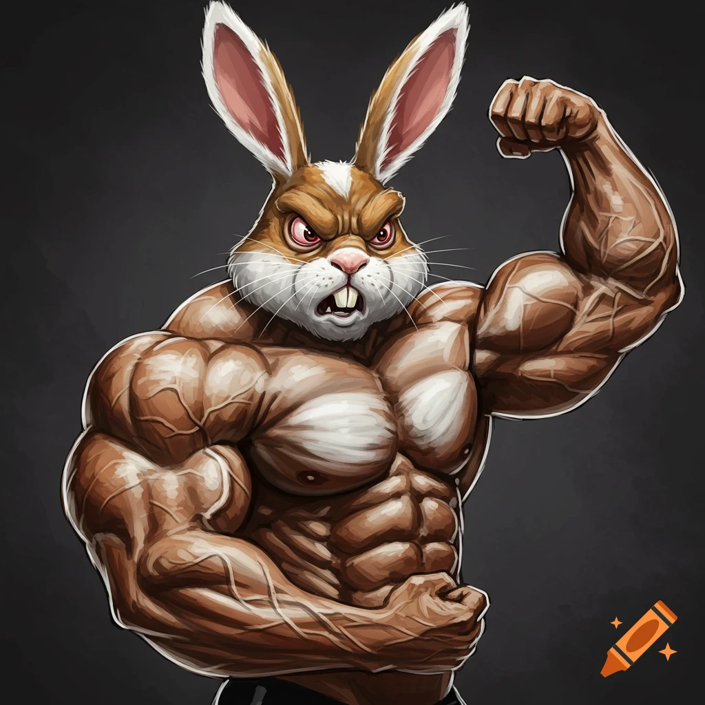An angry, muscular rabbit flexing its arm on Craiyon