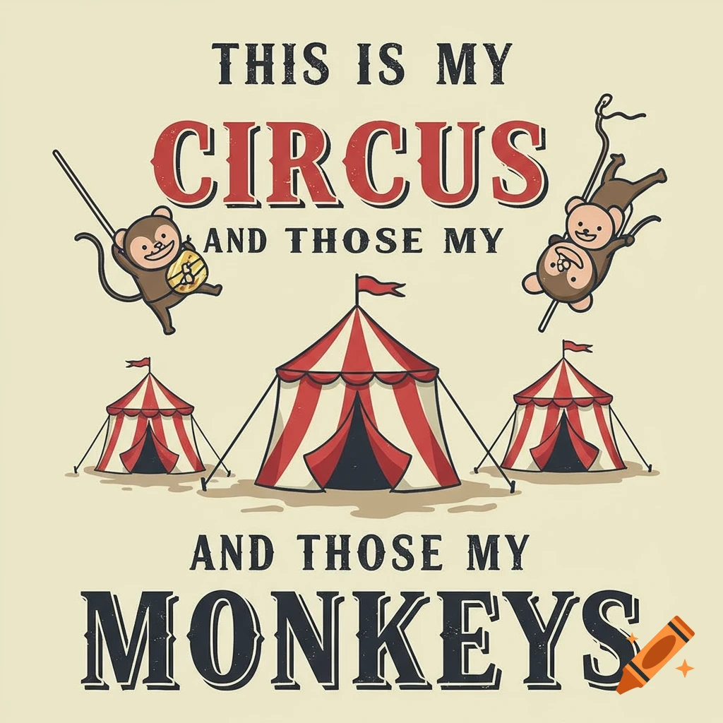 Cute monkeys swinging around circus tents with vintage poster text on ...