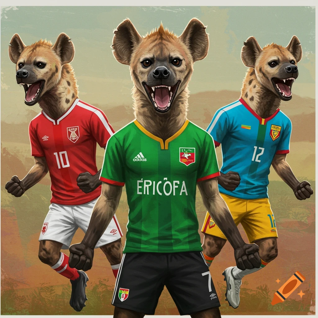 Hyenas wearing Ethiopia, Eritrea, and Tigray national team kits on Craiyon