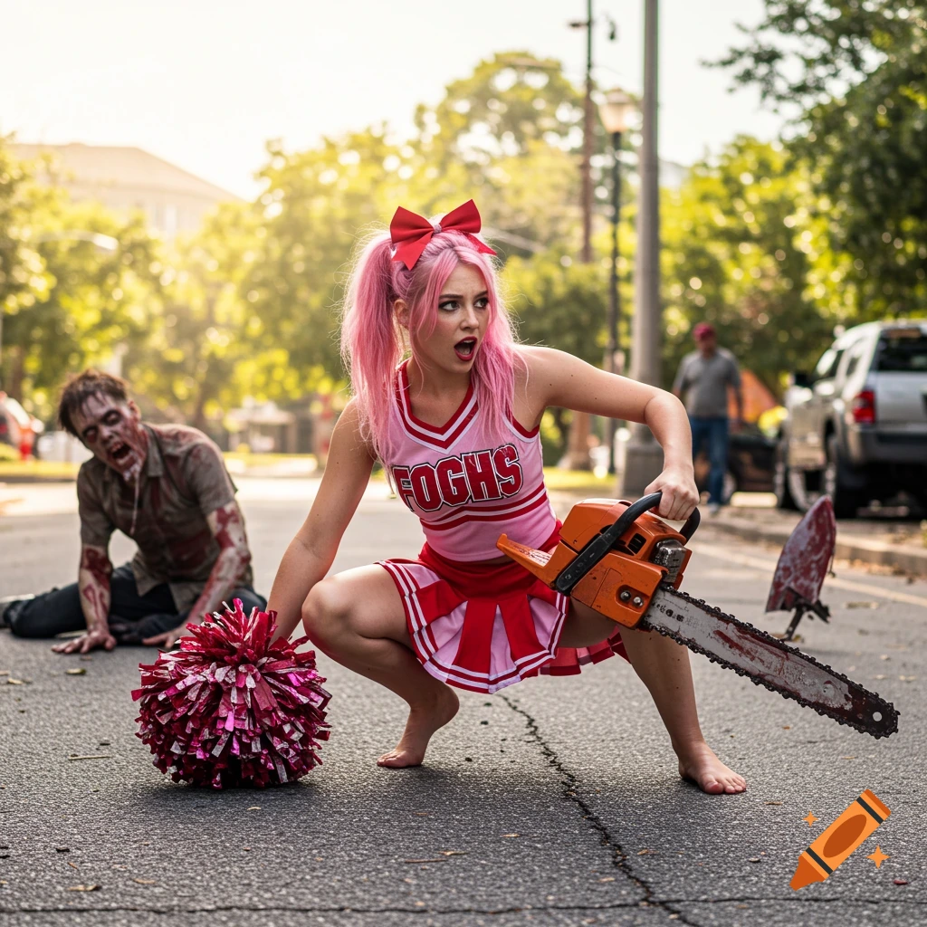 Hot pink haired cheerleader zombie fighter with chainsaw in apocalyptic ...