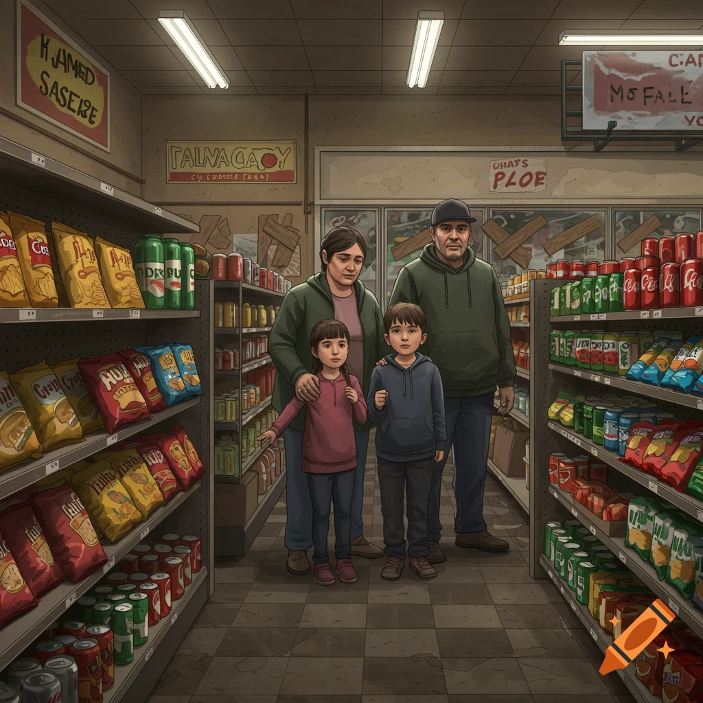 Struggling family in convenience store aisle with processed foods ...