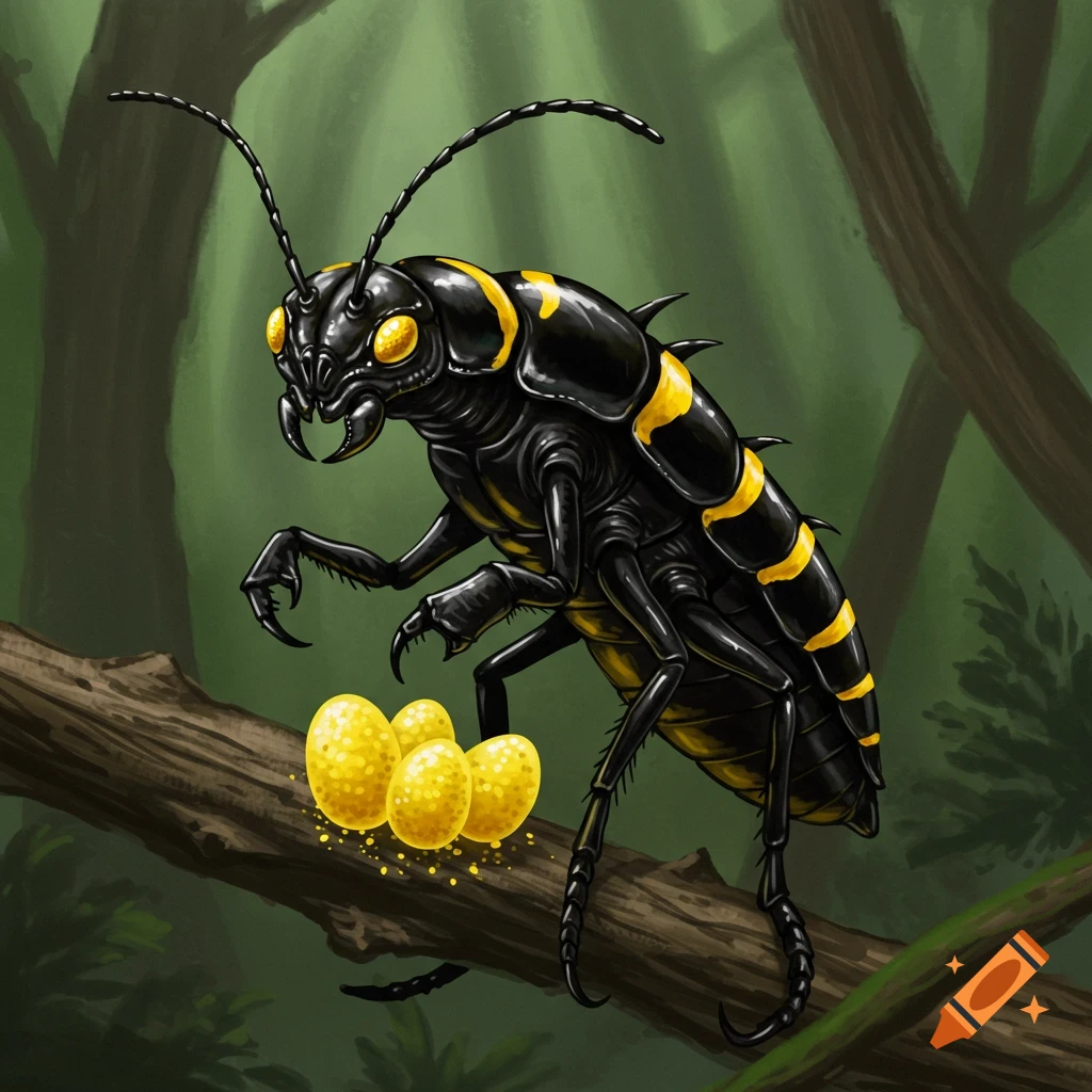 Black and yellow alien herbivore with four legs, four eyes, and a ...
