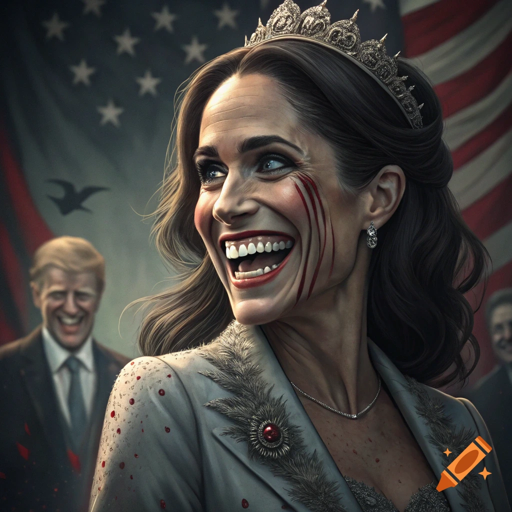 Meghan Markle with unsettling grin, horror style on Craiyon