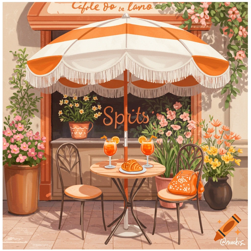 Funky cafe with orange and white striped umbrella, patio table, orange ...