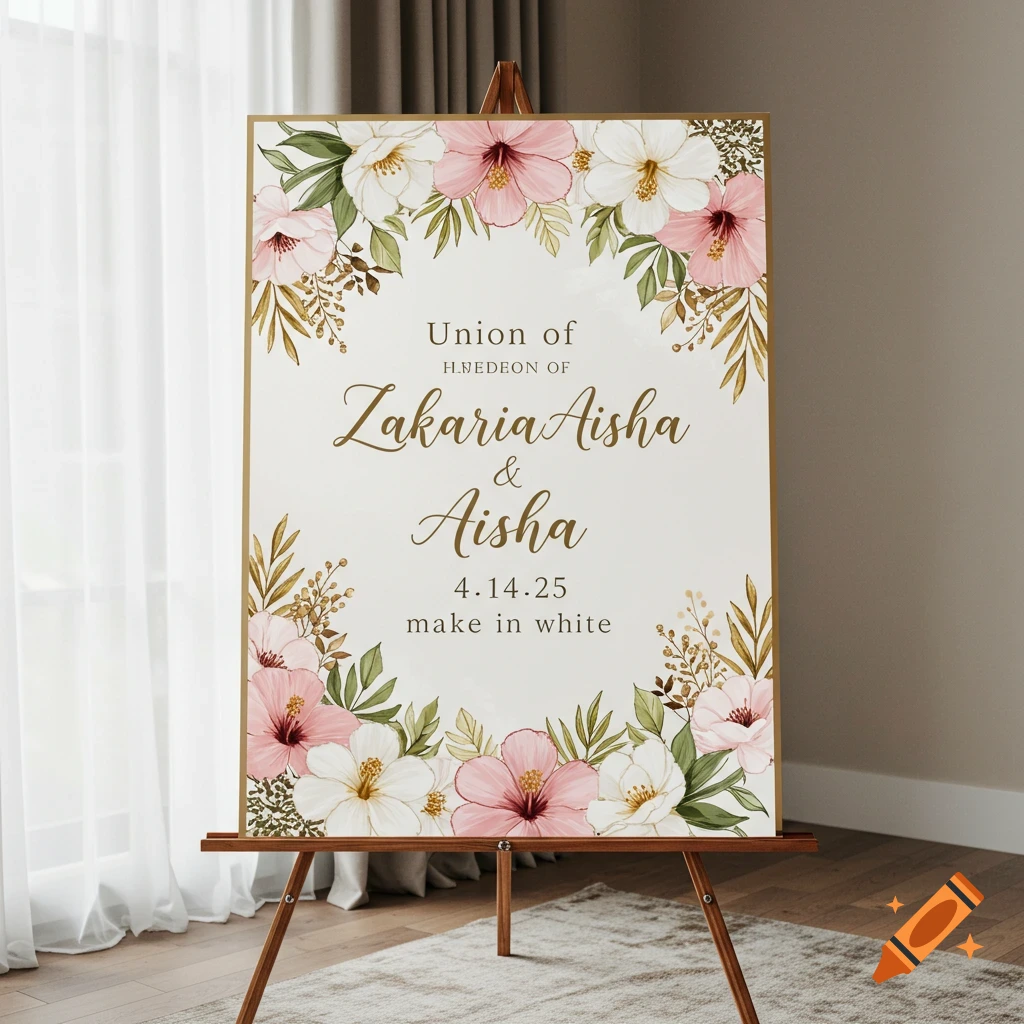 Stained glass floral wedding sign with white, pink, and gold hibiscus ...