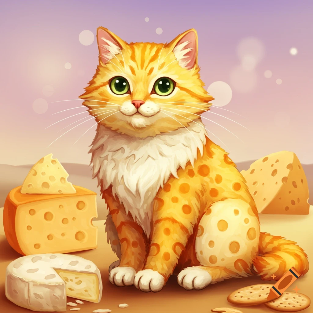 An orange tabby cat with cheese-like spots sits among large chunks of ...
