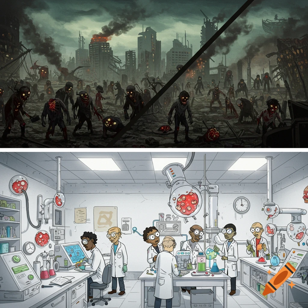 Split image: top shows cartoon zombies in ruined city, bottom shows ...