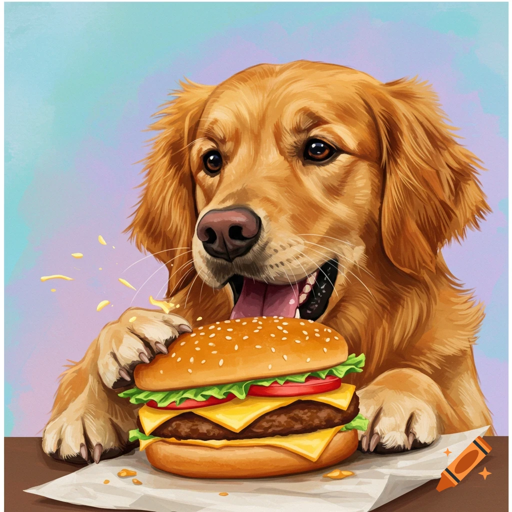 An illustration of a golden retriever dog holding and eating a large ...