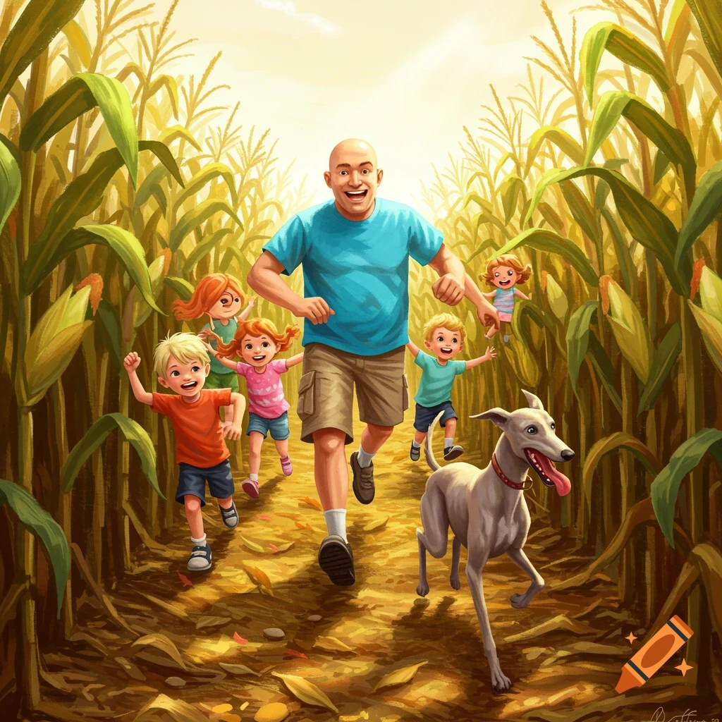 Bald dad chasing kids and a greyhound dog in a corn maze on Craiyon