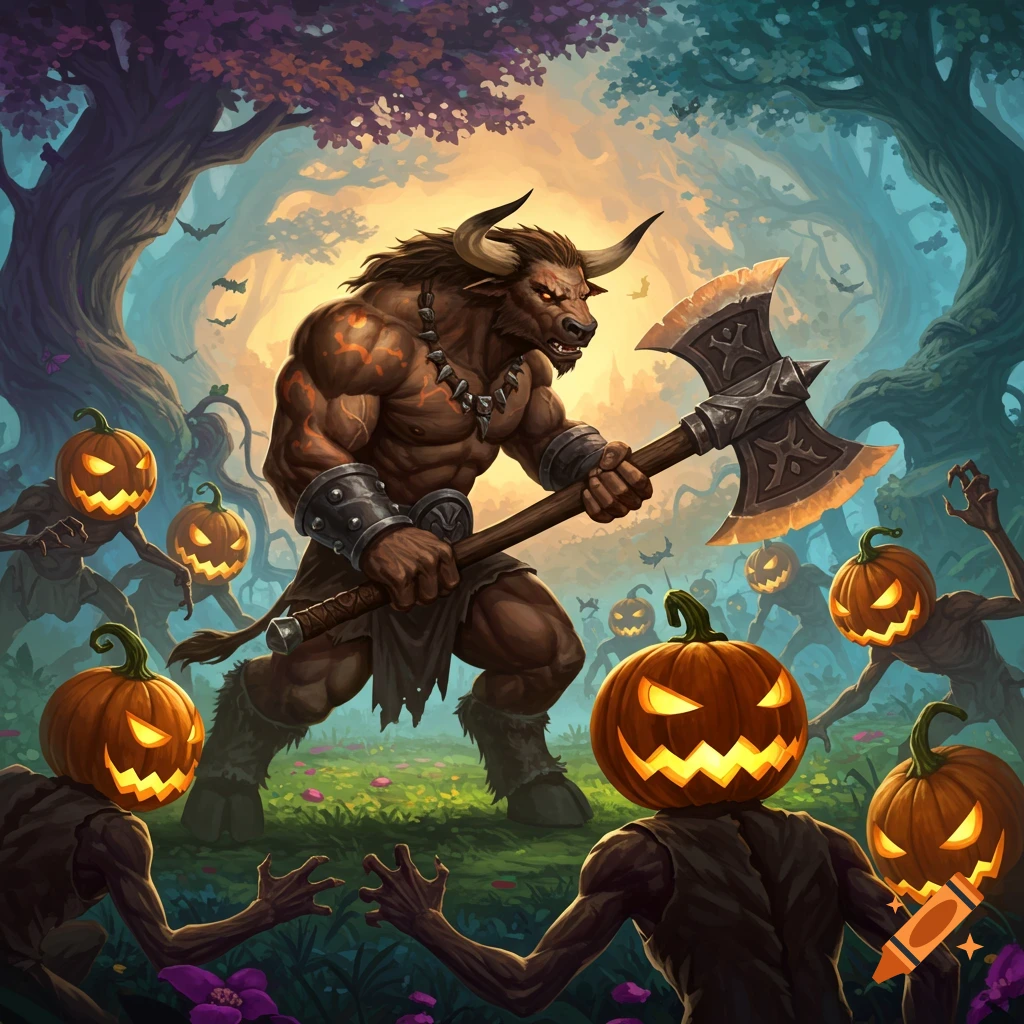 Minotaur fighting pumpkin-headed monsters in fantasy setting on Craiyon