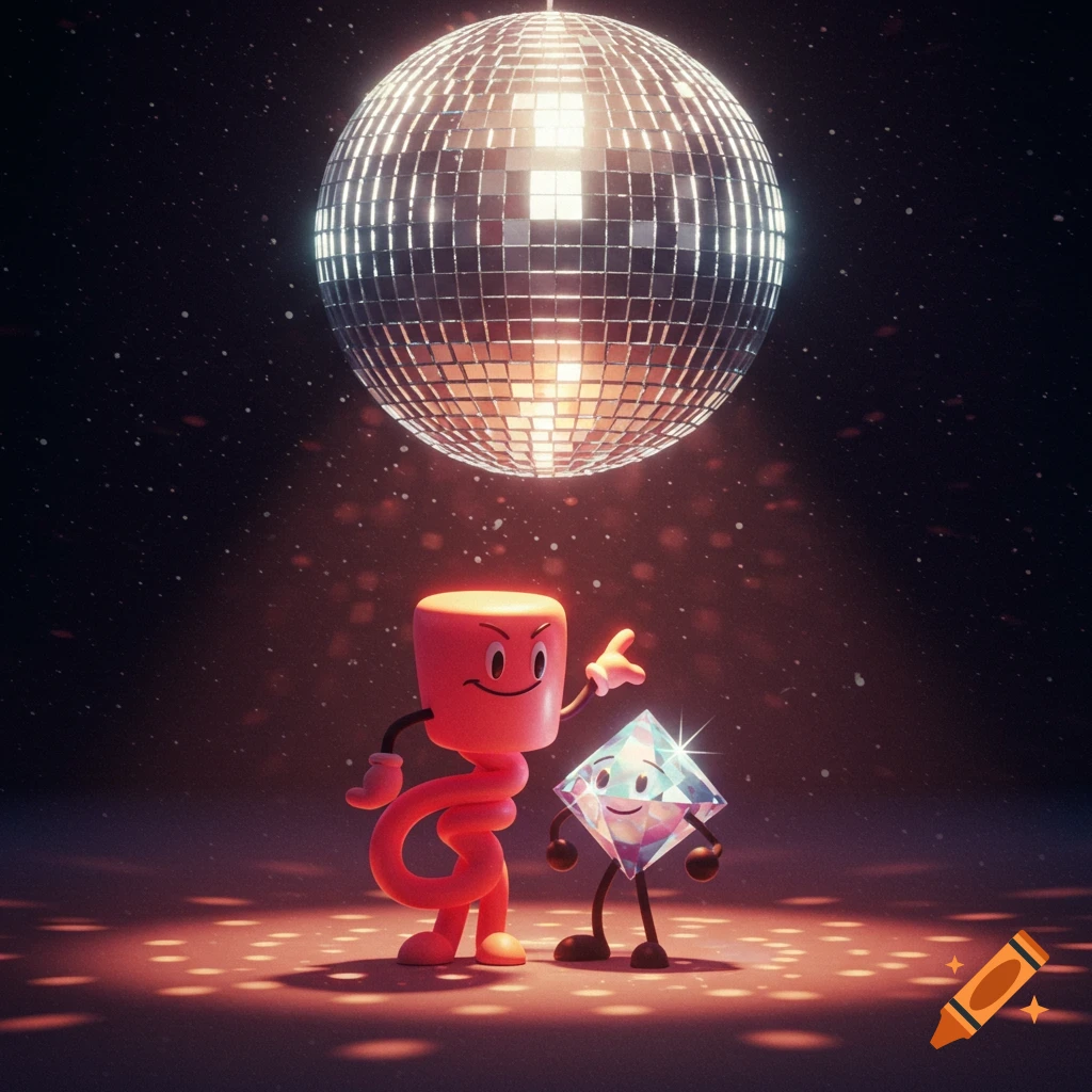 Rubber hose and diamond characters dancing under a disco ball. on Craiyon
