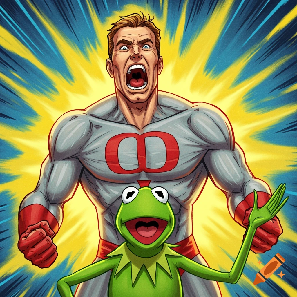 A superhero screaming behind Kermit the Frog, in a comic book style. on ...