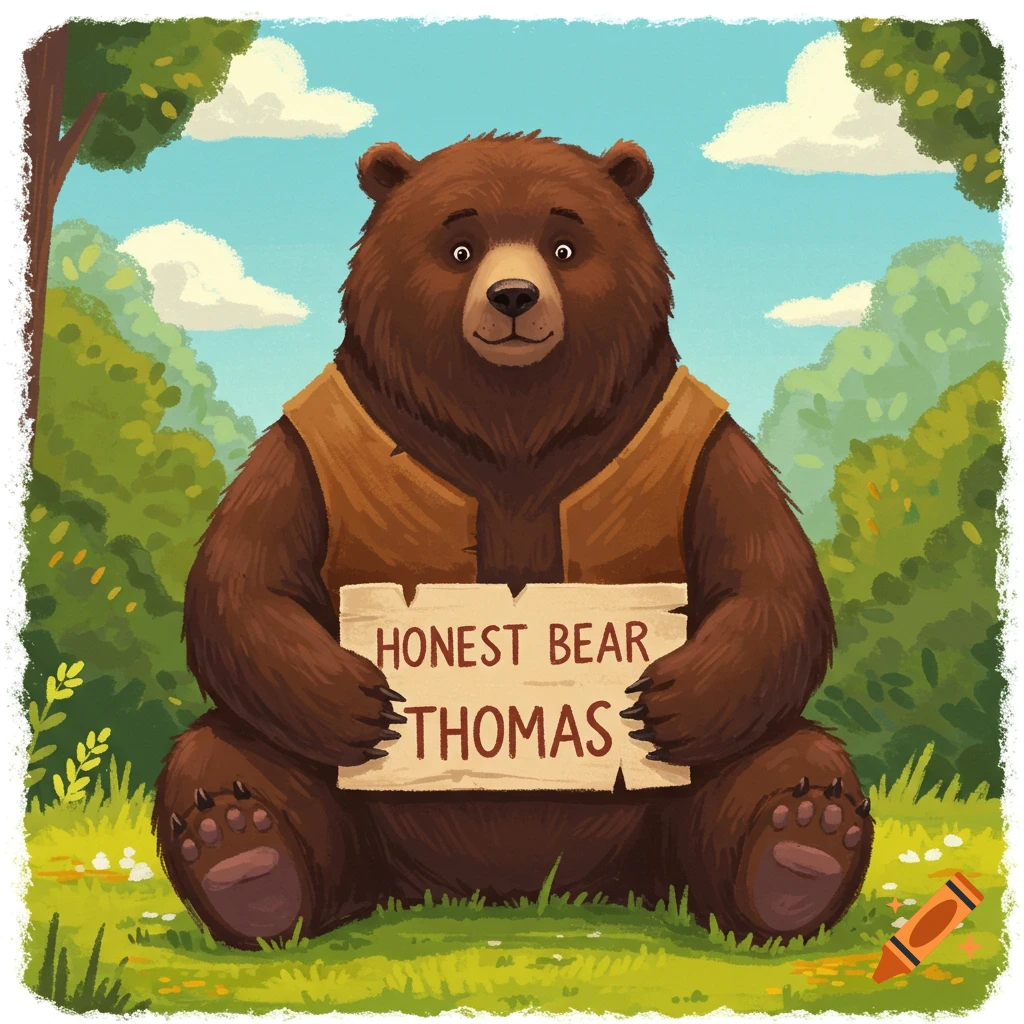 A relaxed cartoon grizzly bear in a hoodie and briefs sits in a forest, farting green fumes with ...