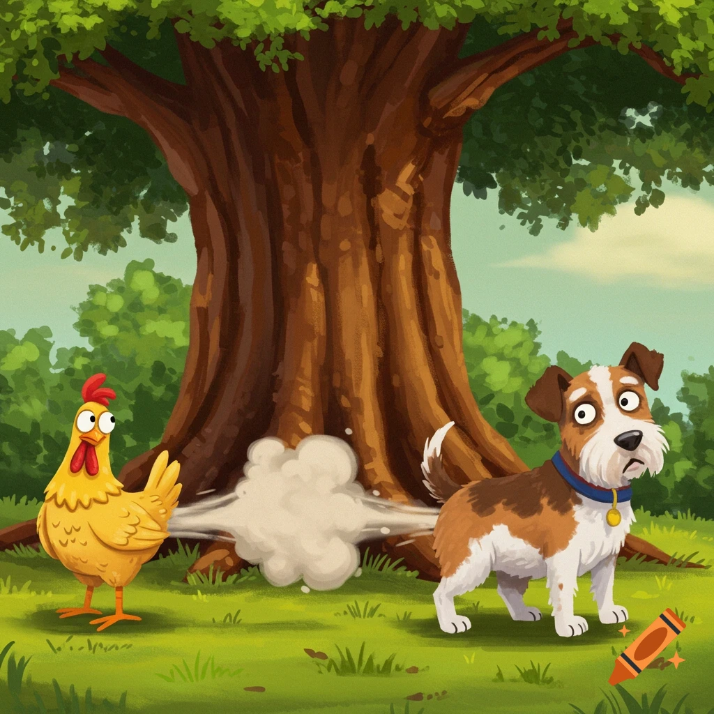 Cartoon illustration of a chicken farting smoke at a dog near a large ...
