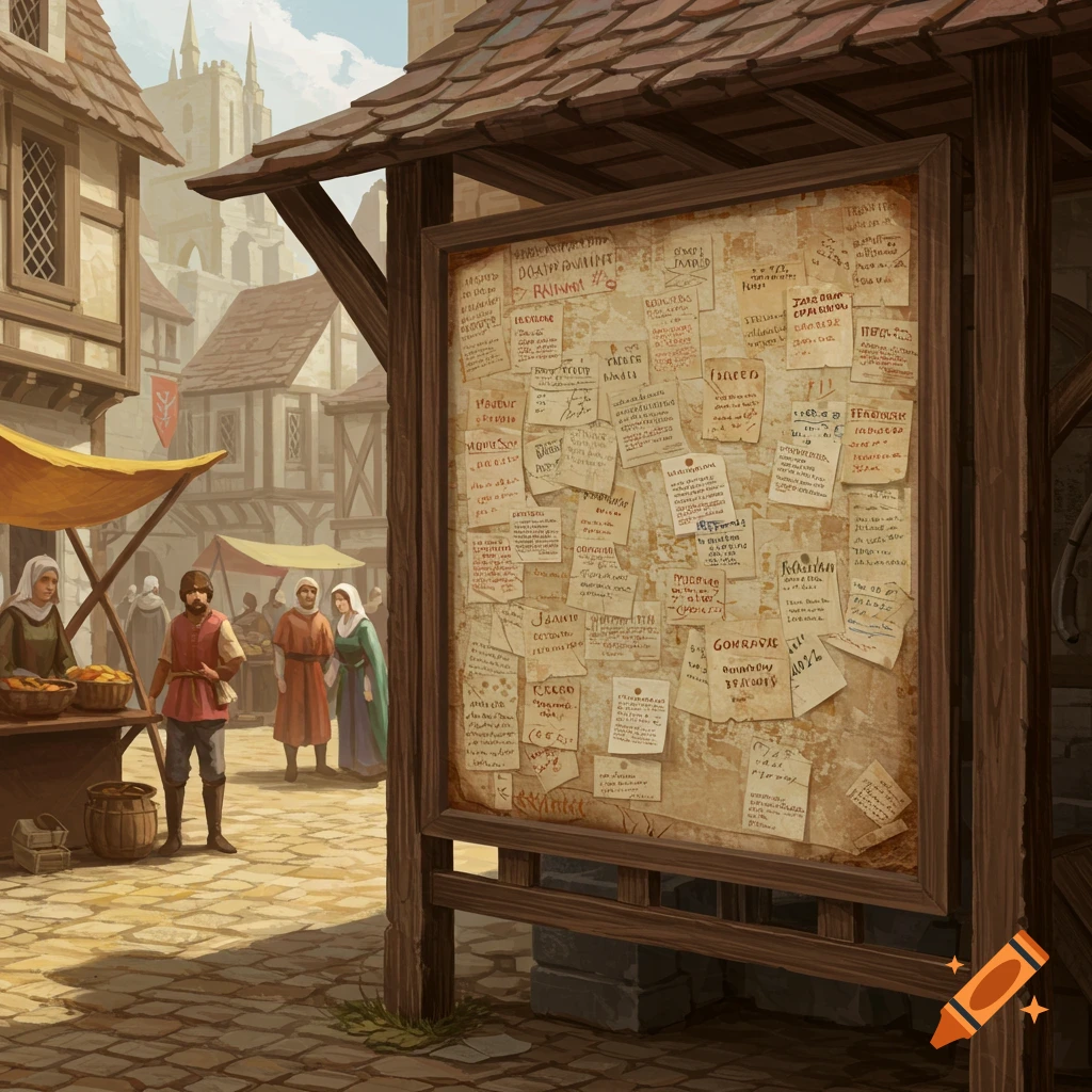 A large wooden bulletin board covered with quest posters, including ...