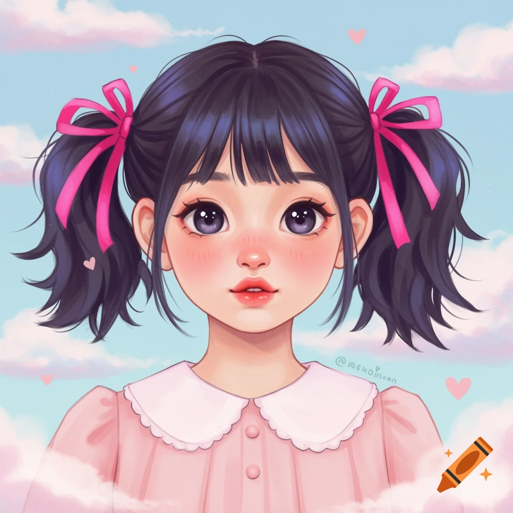 Chibi anime girl with pigtails and a pink dress floating in a cloudy ...