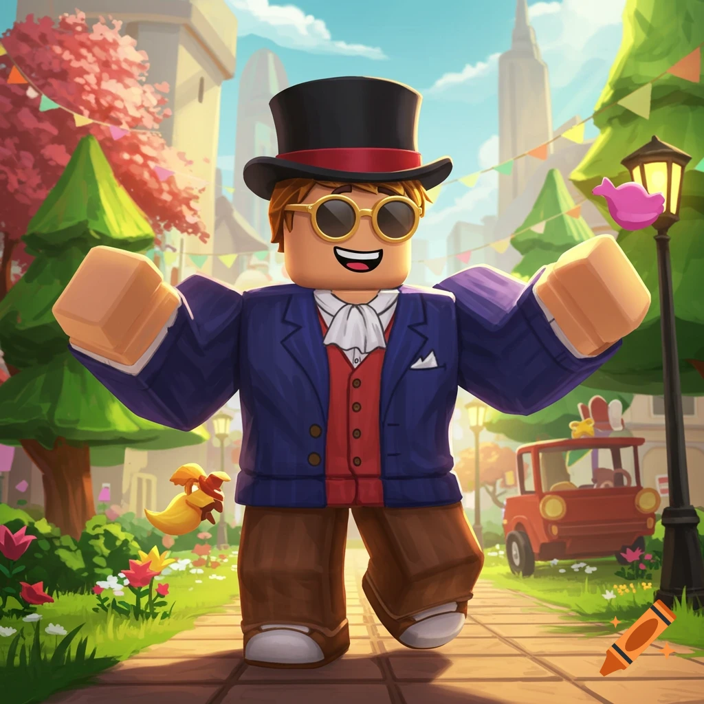 Roblox character waters flowers in a sunny garden on Craiyon