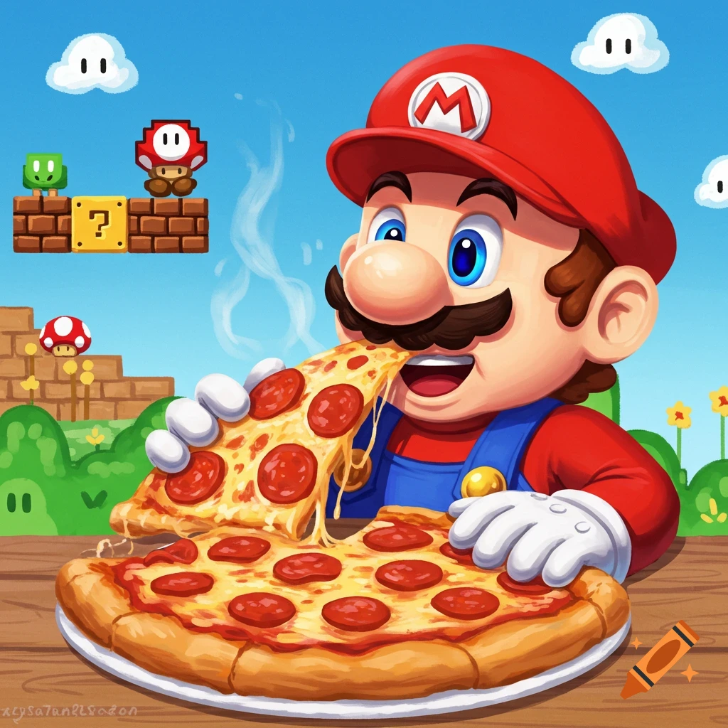 Mario eating a slice of pepperoni pizza in a Super Mario landscape. on ...