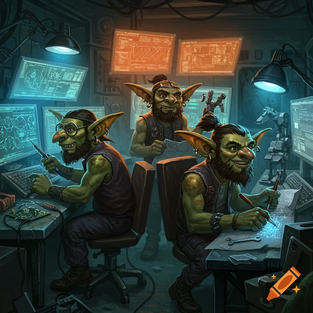 Three goblins working at computers in a cluttered room on Craiyon