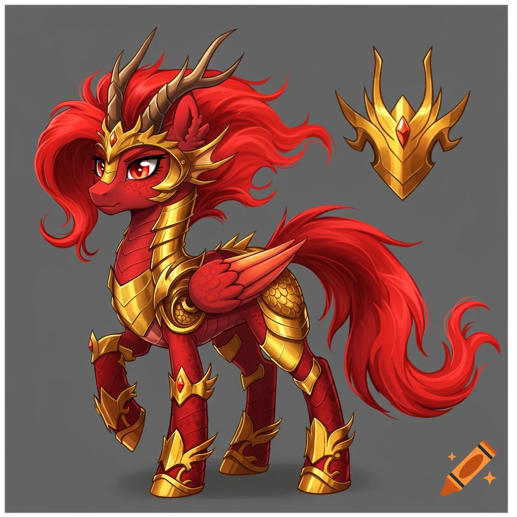 Red dragon pony character with gold armor in a cartoon style. on Craiyon