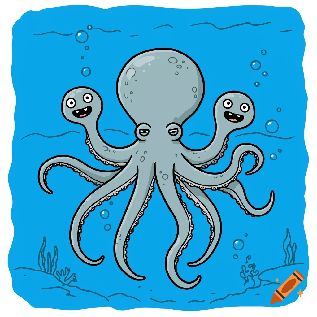 Cartoon octopus monster with tentacles and three heads in the ocean on ...