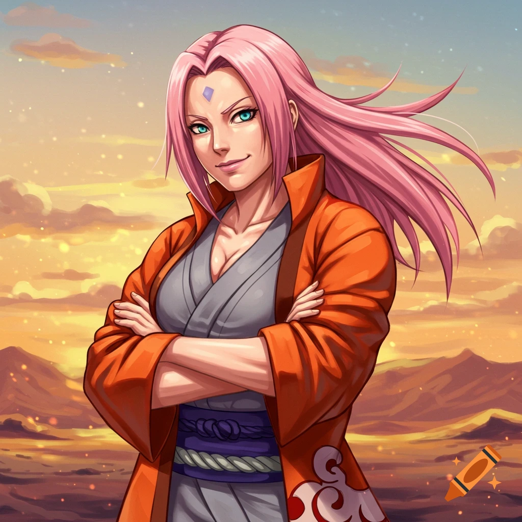Portrait of Sakura Haruno smiling under cherry blossoms on Craiyon