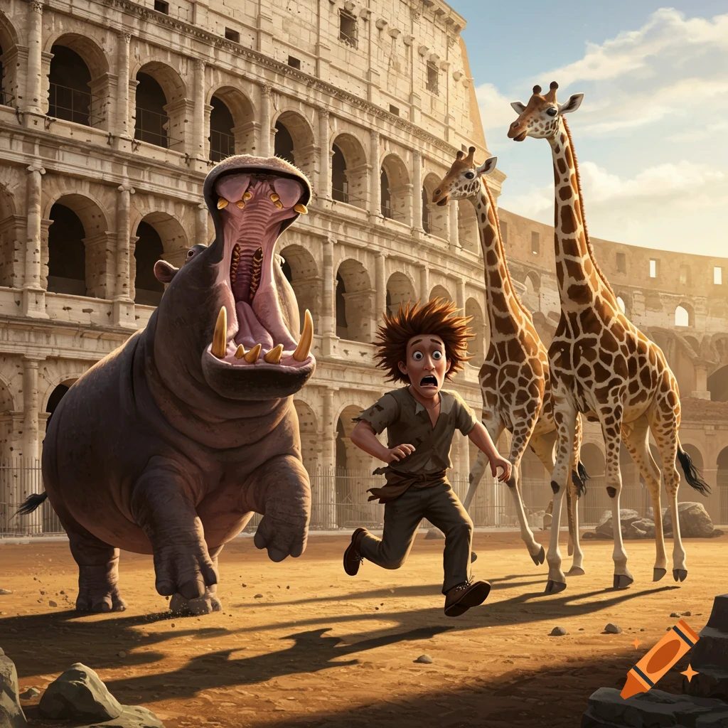 A scared man running from a hippo and two giraffes inside the Roman ...