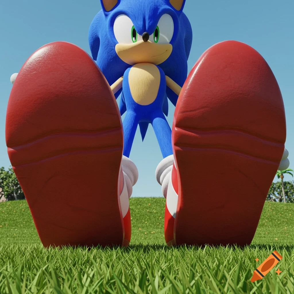 A low-angle view of Sonic the Hedgehog's large red shoes on a grassy ...