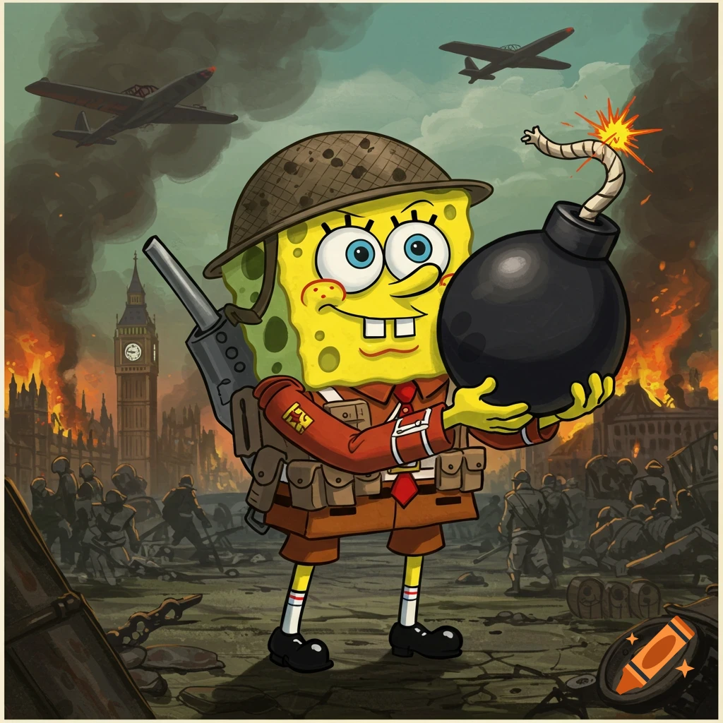 Cartoon Spongebob in soldier uniform holding a bomb in front of burning ...