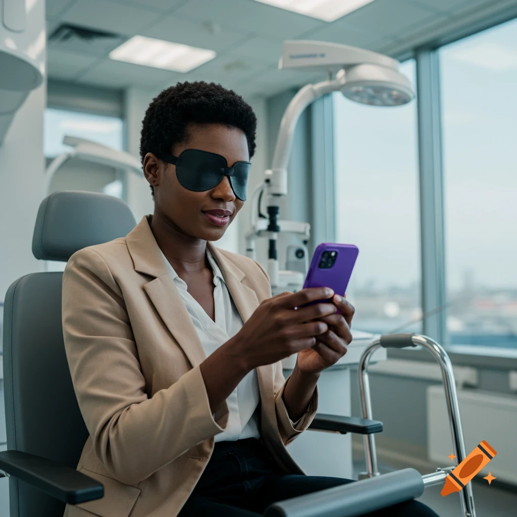 Black woman with eye patch using purple phone in eye doctor's office on ...