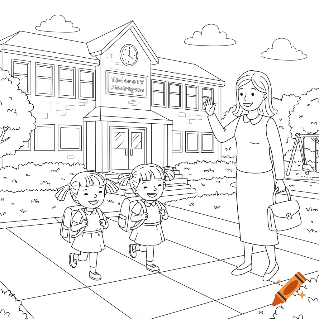 Outline image of mom dropping off two kindergarten girls on Craiyon