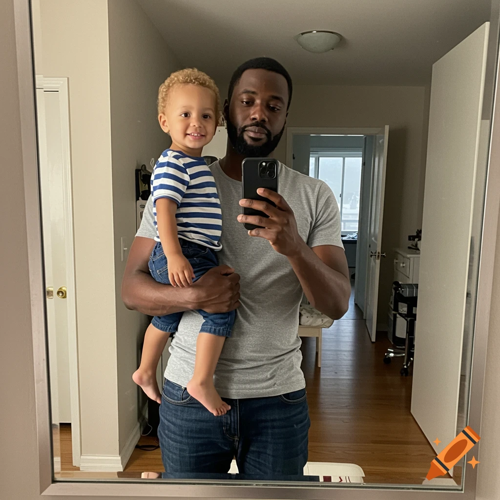 Black man and his adopted Russian son in a mirror selfie on Craiyon