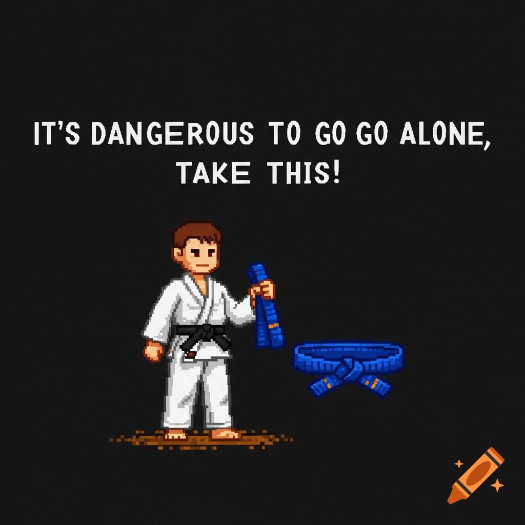 8-bit judo student holding a blue belt with Zelda-style text on Craiyon