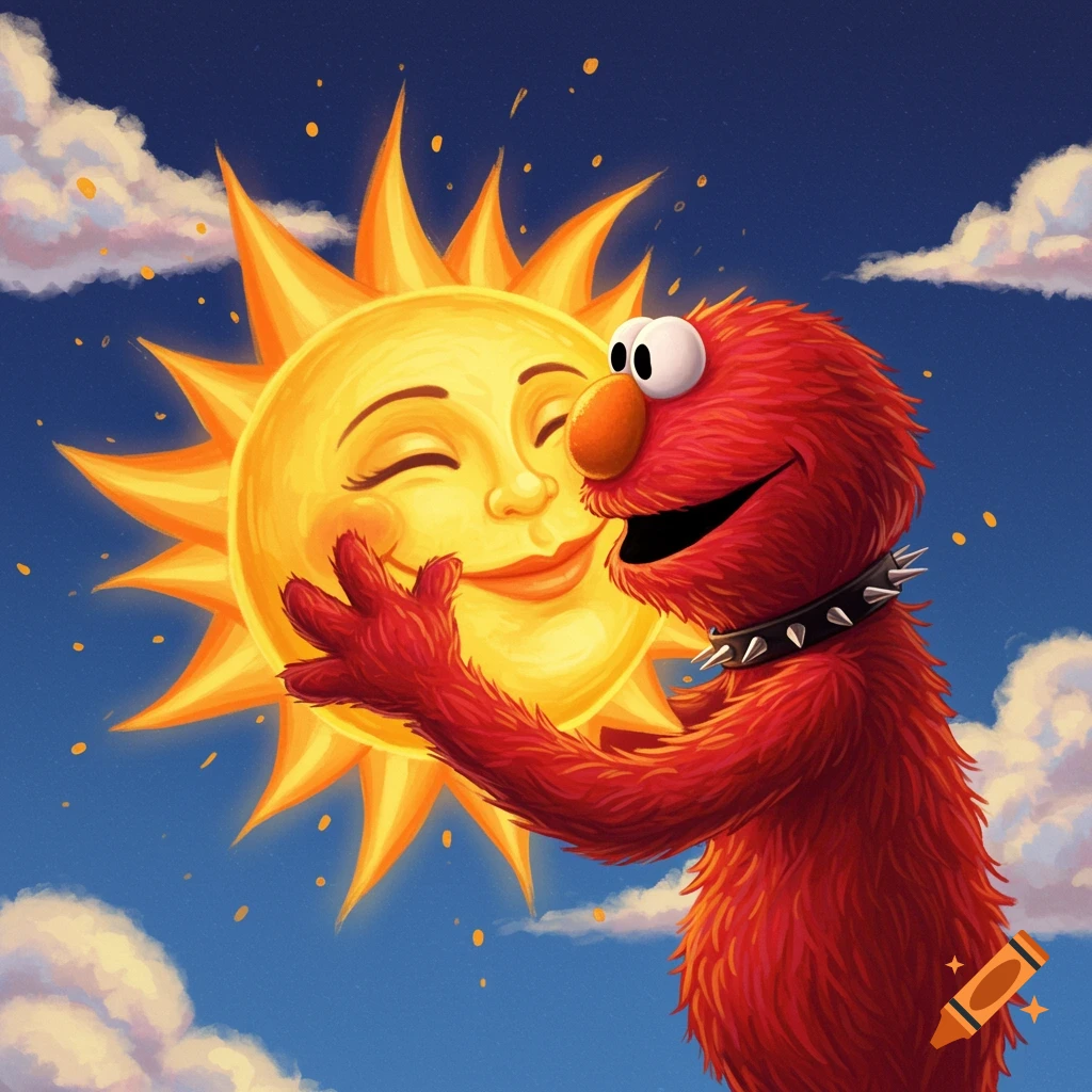 Elmo waves in a field of colorful flowers during a bright sunrise. on ...