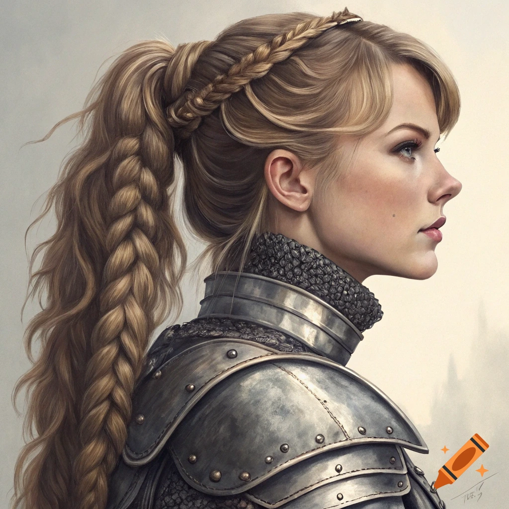 Profile portrait of a woman in elaborate fantasy armor with a long ...