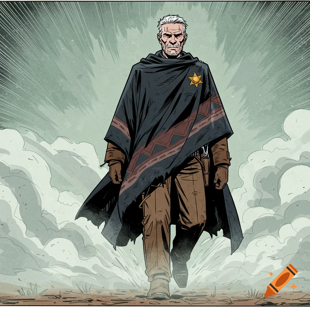Comic book style illustration of a sheriff in a poncho walking through ...