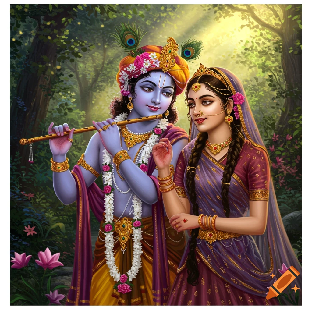 Animated Radha and Krishna in a garden, Krishna playing a flute, Radha ...