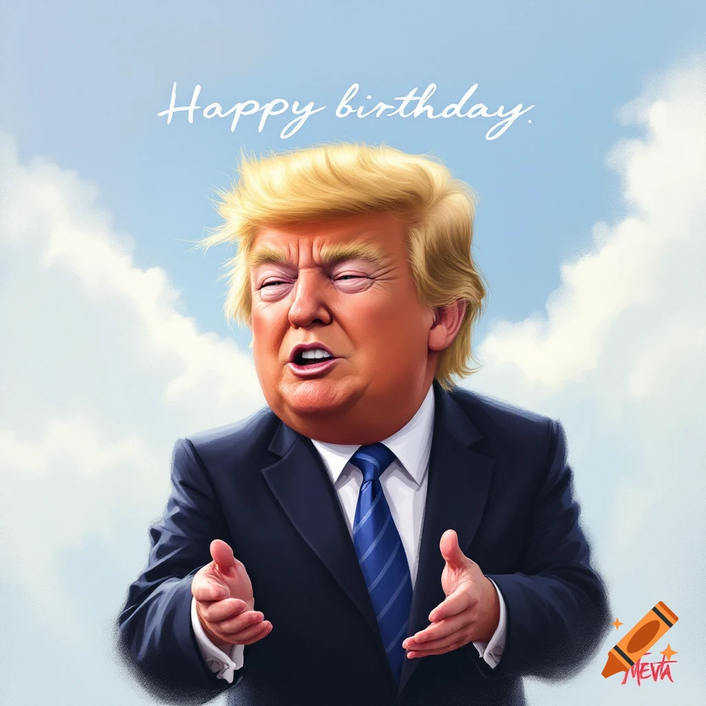 Caricature of Donald Trump gesturing, with the text "Happy birthday ...