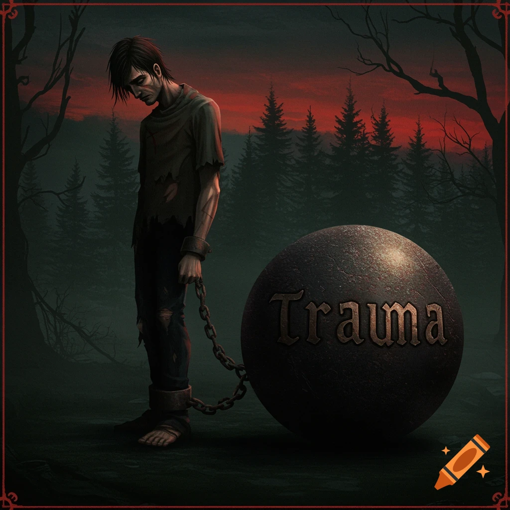 Man with ball and chain labeled 'trauma' around ankle on Craiyon