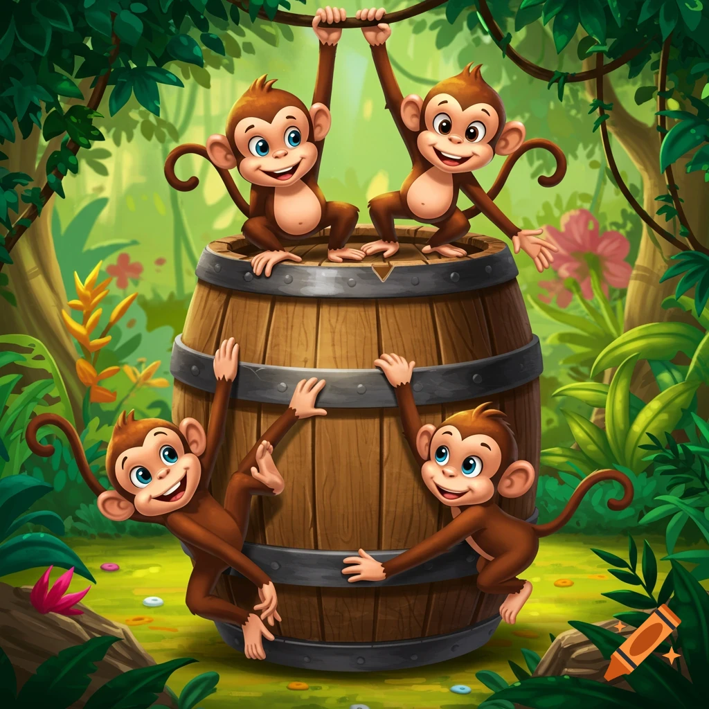 Four cartoon monkeys playing around a wooden barrel in a jungle setting, digital art. on Craiyon