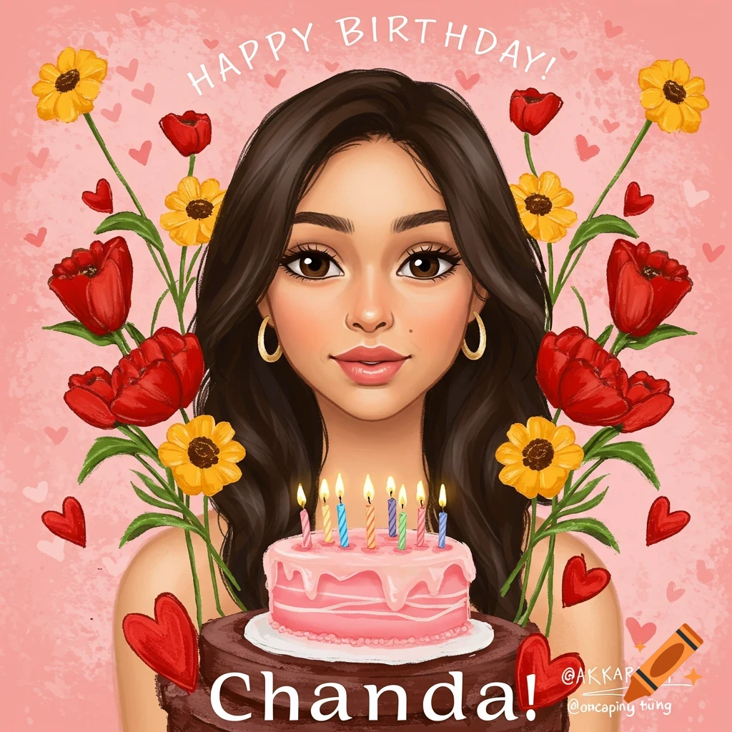 A woman holding a birthday cake with candles, surrounded by flowers and ...