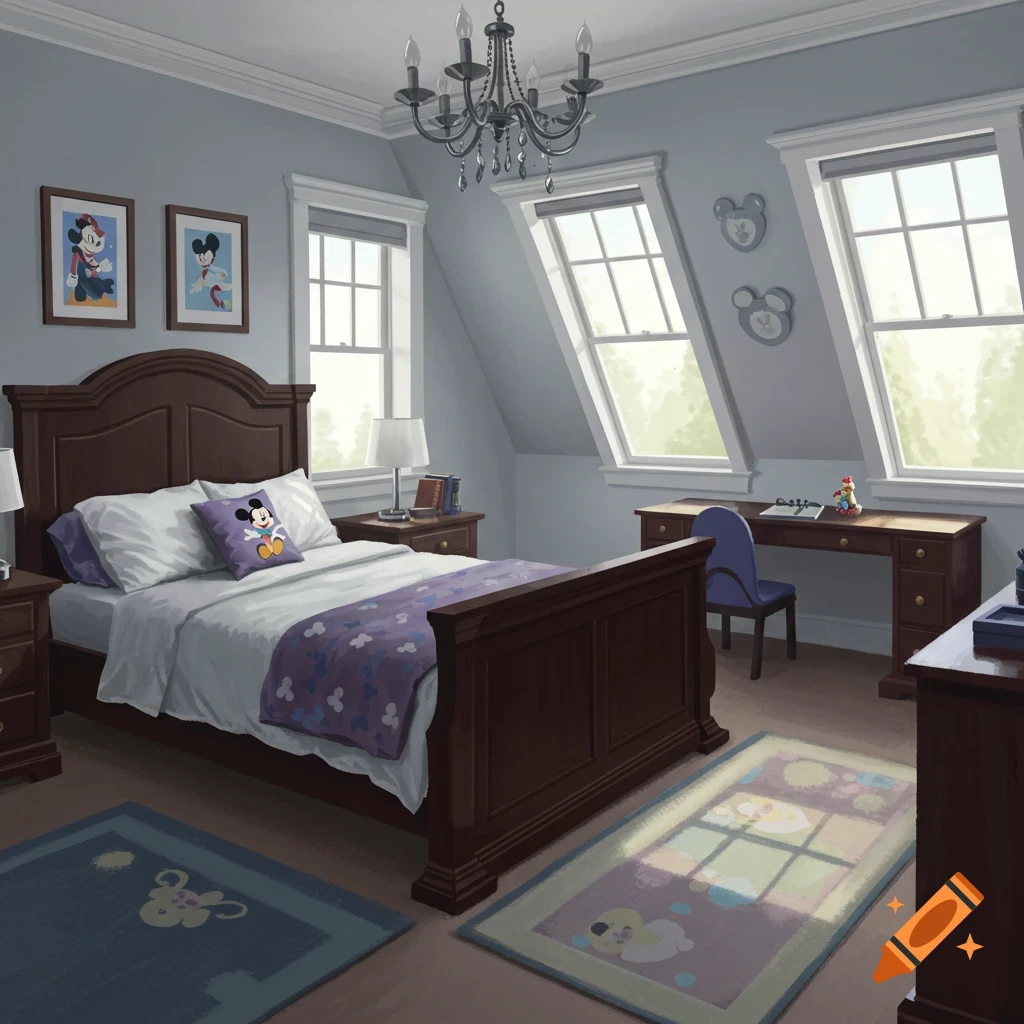 Bedroom with grey walls and Disney decor on Craiyon