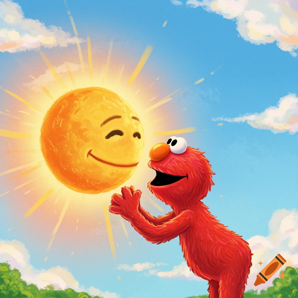 Elmo reaches out to the sun smiling at him in a cheerful scene. on Craiyon