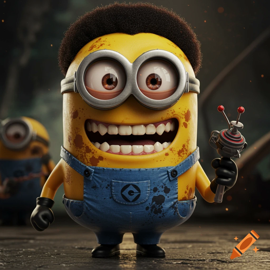 A menacing Minion with an afro, sharp teeth, splatter stains, and ...