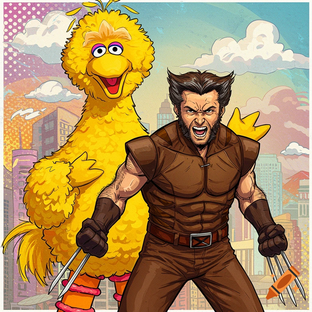 Comic book illustration of Wolverine fighting Big Bird in a city at ...